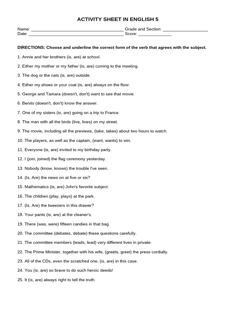 English 5 Verb Agreement Activity Sheet | PDF | Sports & Recreation ...