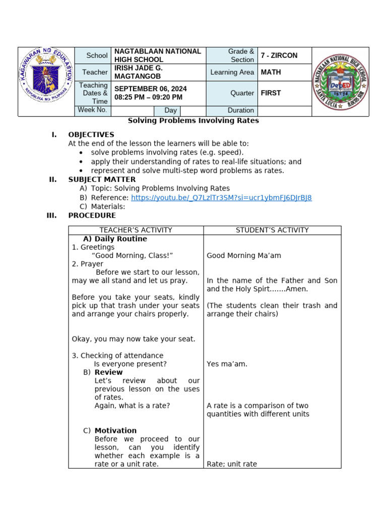 solving problems involving rates | PDF