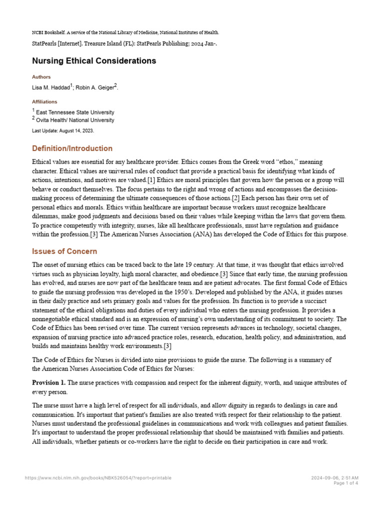 Nursing Ethical Considerations - StatPearls - NCBI Bookshelf | PDF