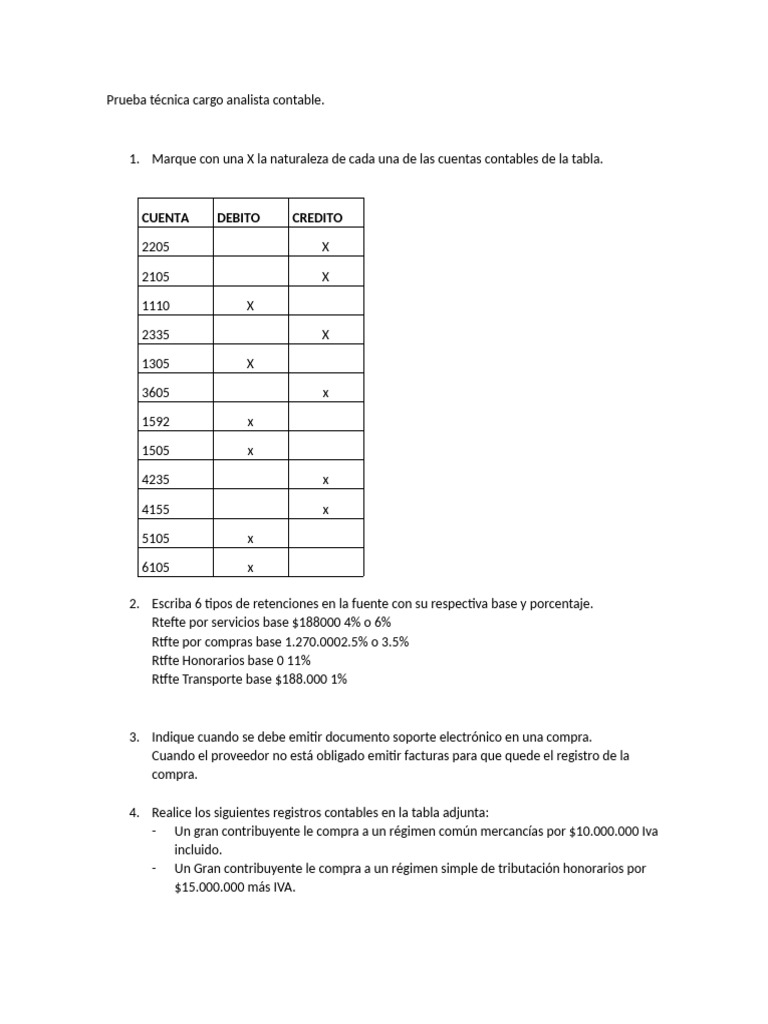 Prueba técnica cargo analista contable | PDF