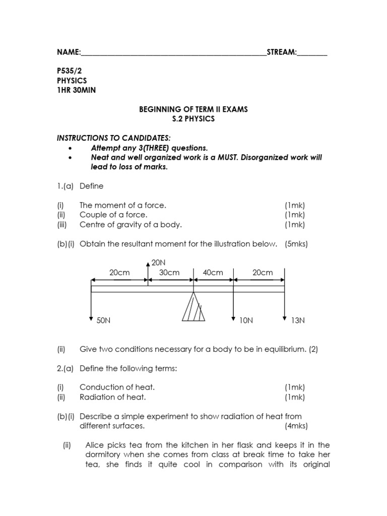 s2 Physics Beginning of Term 2 Exams | PDF