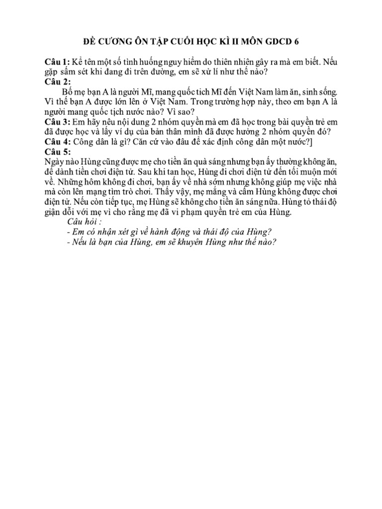 Đề Cuong Ôn Tập Cuối Học Kì II Môn Gdcd 6 | PDF