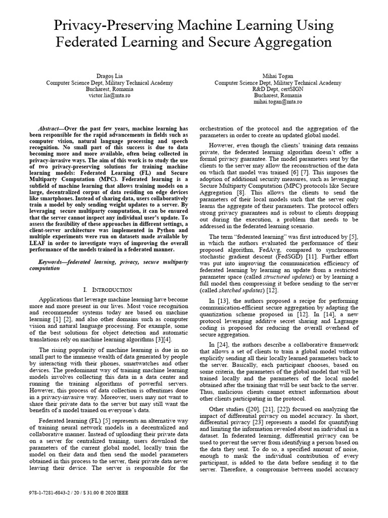 Privacy-Preserving Machine Learning Using Federated Learning and Secure Aggregation | PDF