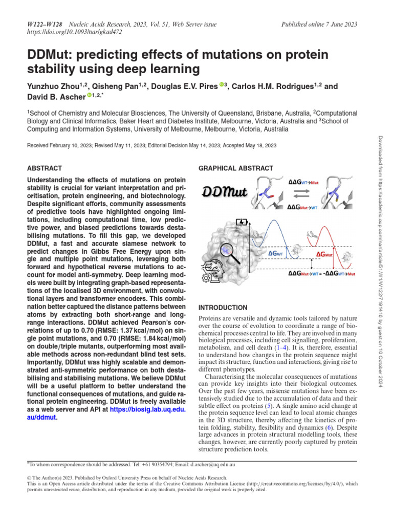DDMut Predicting Effects of Mutations On Protein Stability Using Deep Learning | PDF