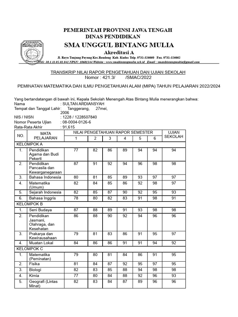 Format Transkrip Nilai Rapor Hanya Pengetahuan Nilai Ujian Sekolah Us | PDF