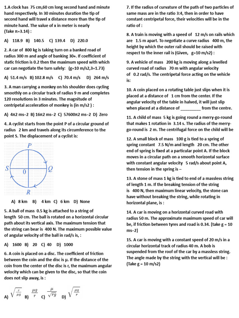 Class 11 Circular motion Test | PDF