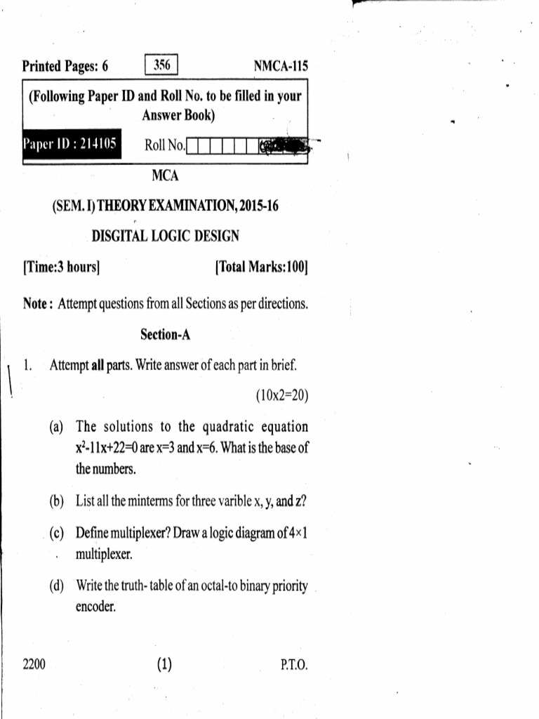 mca-1-sem-digital-logic-design-nmca-115-2016 | PDF