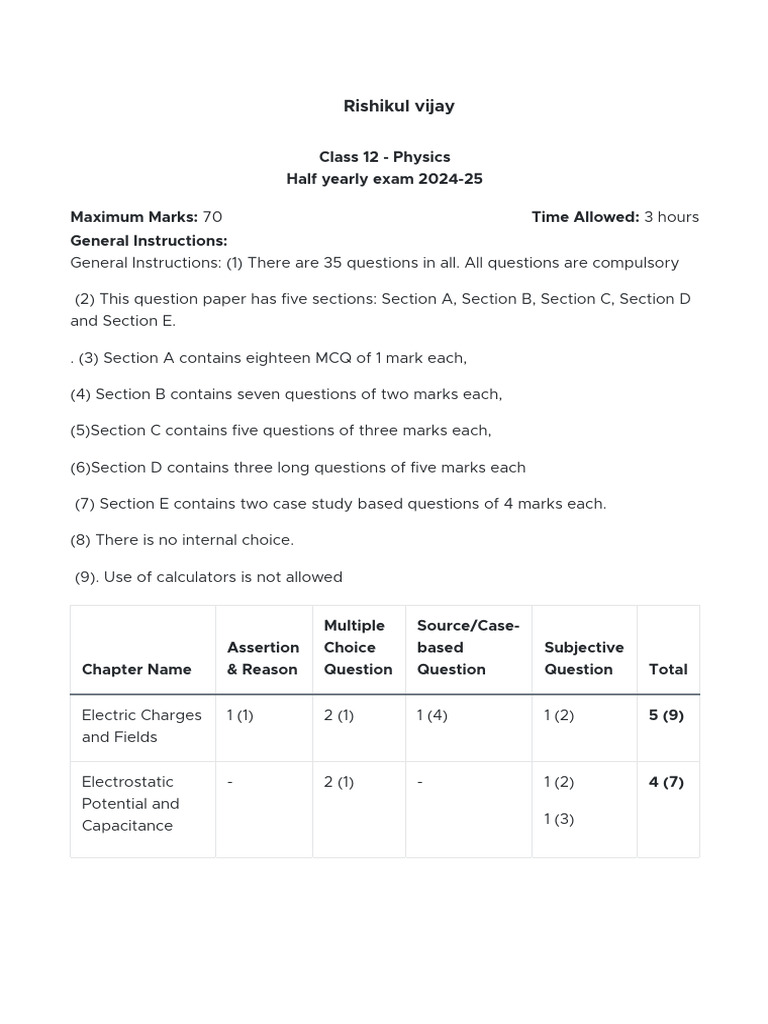 Blue Print Class 12 TH Physics | PDF