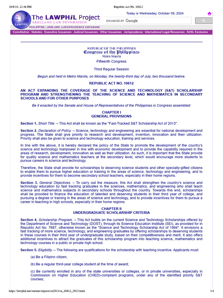 RA 10612 Fast Tracked Science and Technology Scholarship Act of 2013 | PDF