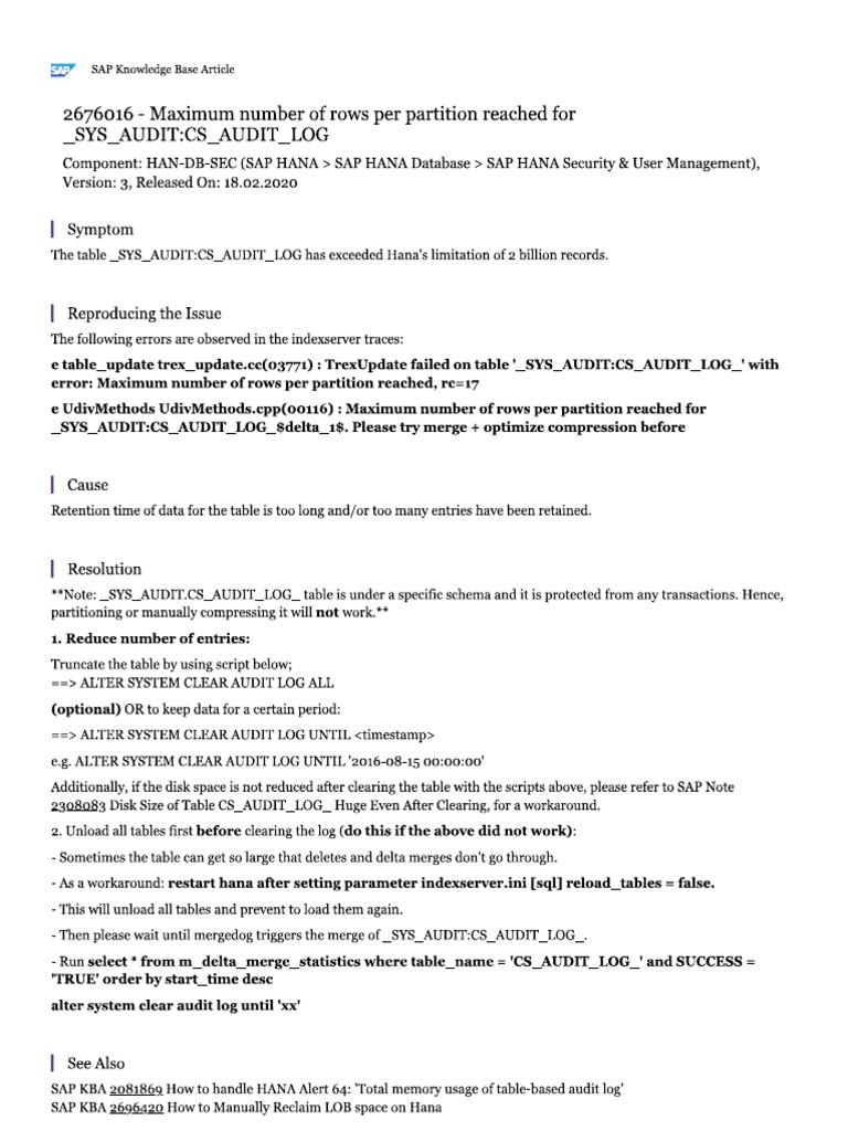 Maximum Number of Rows Per Partition Reached For - SYS - AUDIT - CS - AUDIT - LOG | PDF