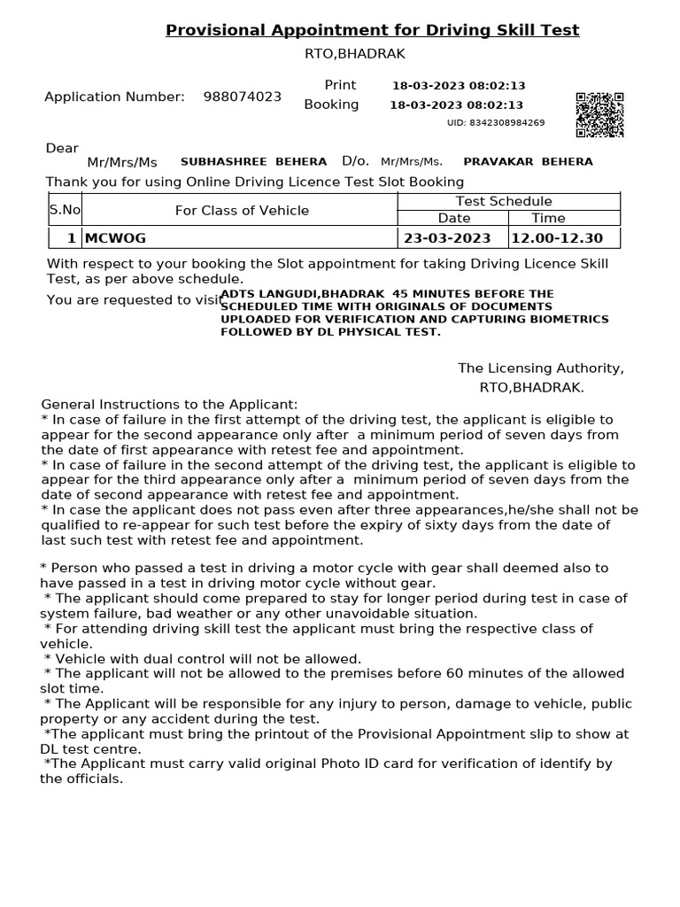Provisional Appointment For Driving Skill Test: 1 Mcwog 23-03-2023 12. ...