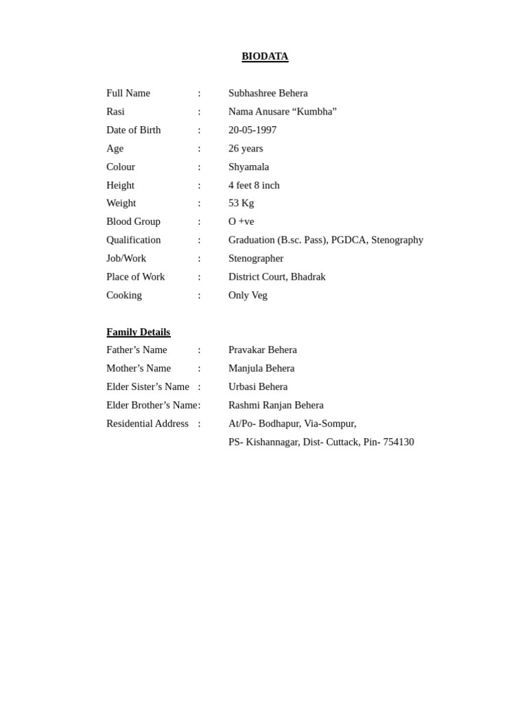 Biodata Subhashree | PDF