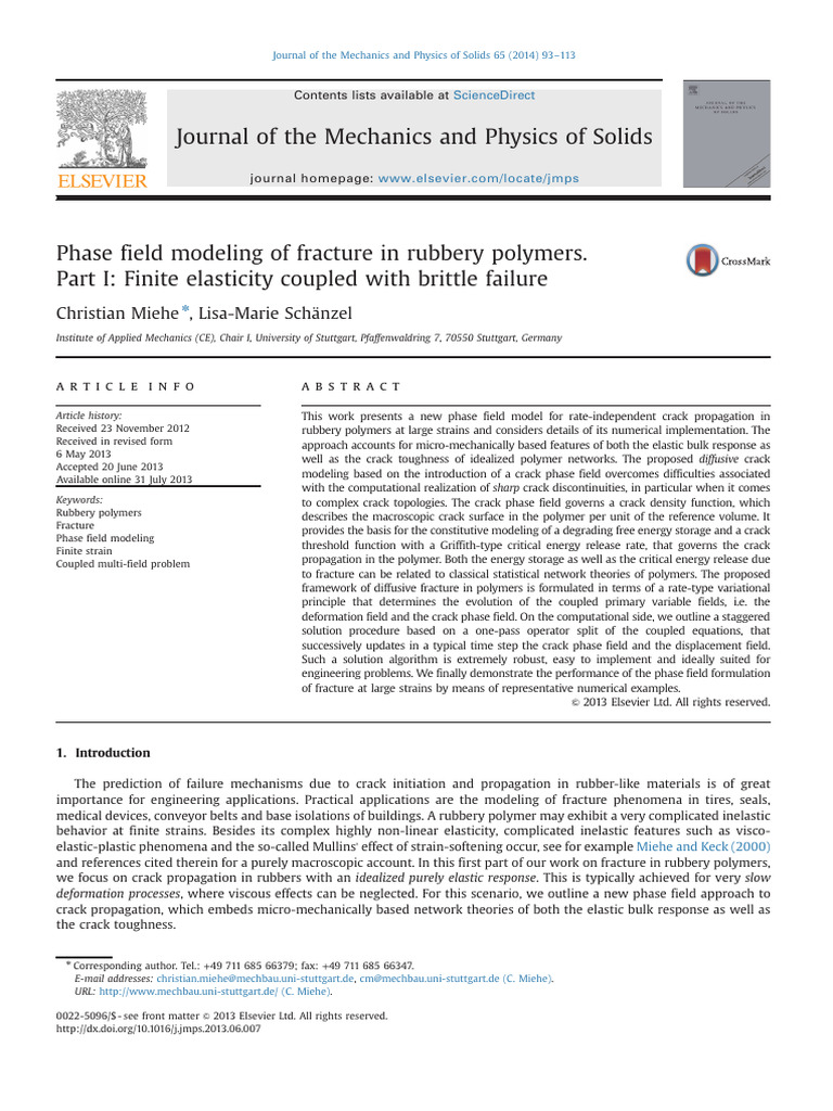 Phase Field Modeling of Fracture in Rubbery Polymers. Part I | PDF