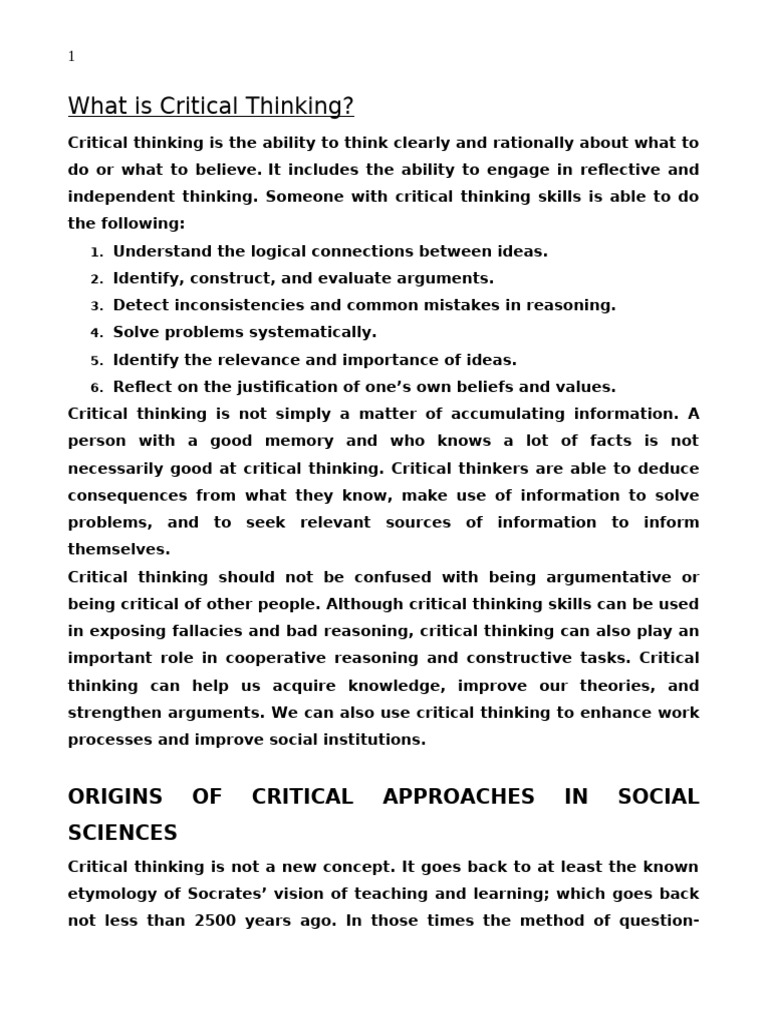 What Is Critical Thinking?: Origins of Critical Approaches in Social ...