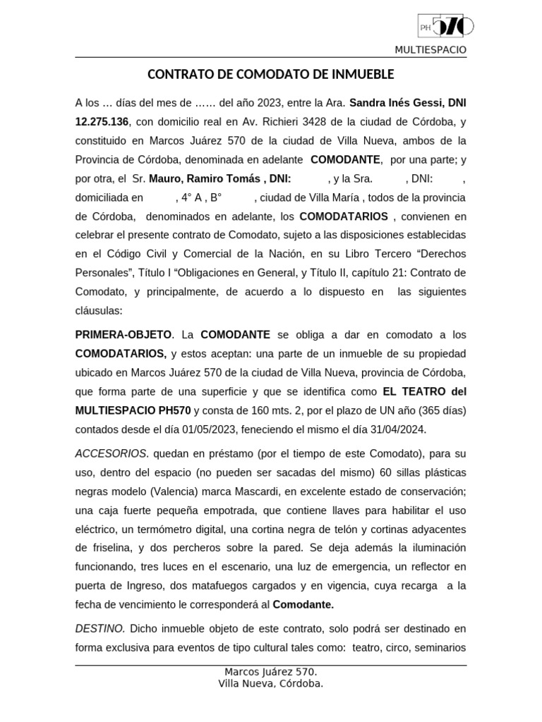 Contrato de Comodato de Inmueble | PDF | Ley común | Derecho privado