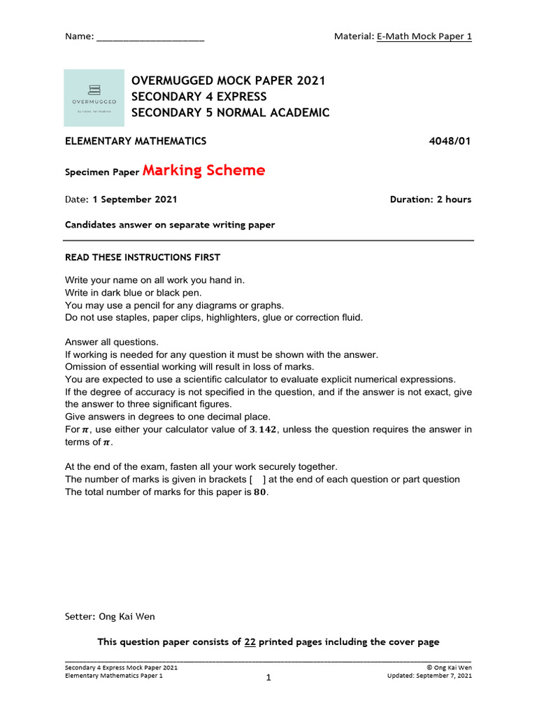 (EMATH) Mock Paper 1 2021 (Full Solutions) | PDF