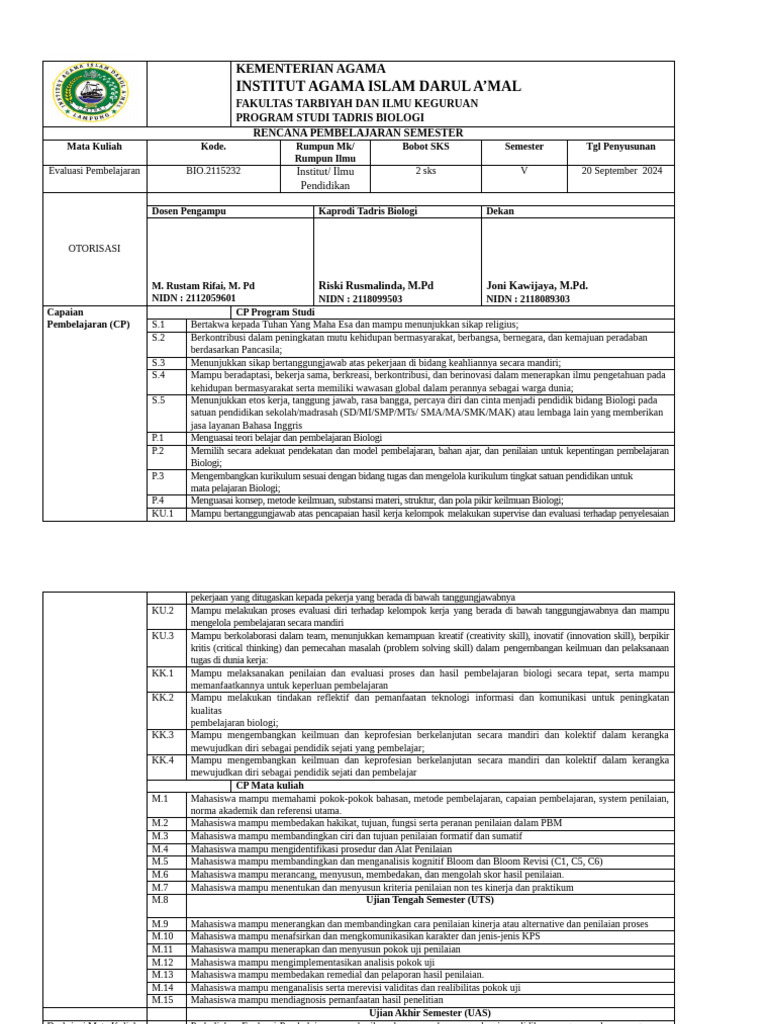 RPS Evaluasi Pembelajaran IAIDA | PDF