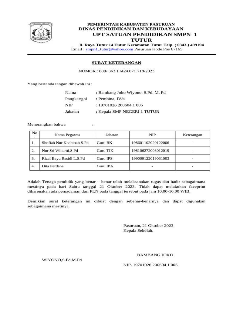 Surat Keterangan Pak Aris | PDF