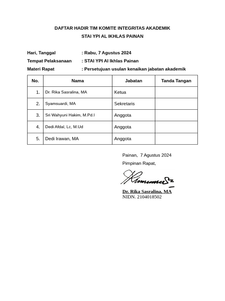 Format 12 Daftar Hadir Tim Komite Integritas Akademik | PDF