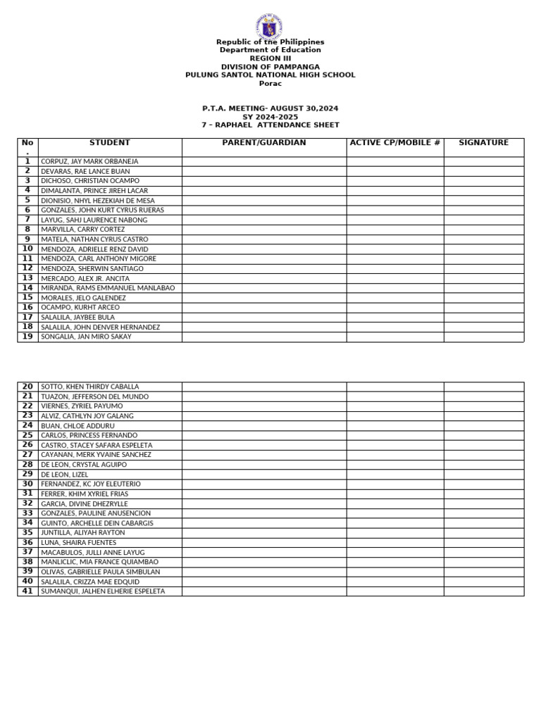 Attendance Sheet-Pta | PDF