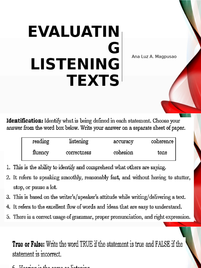 Evaluating Listening Texts - Week8 | PDF