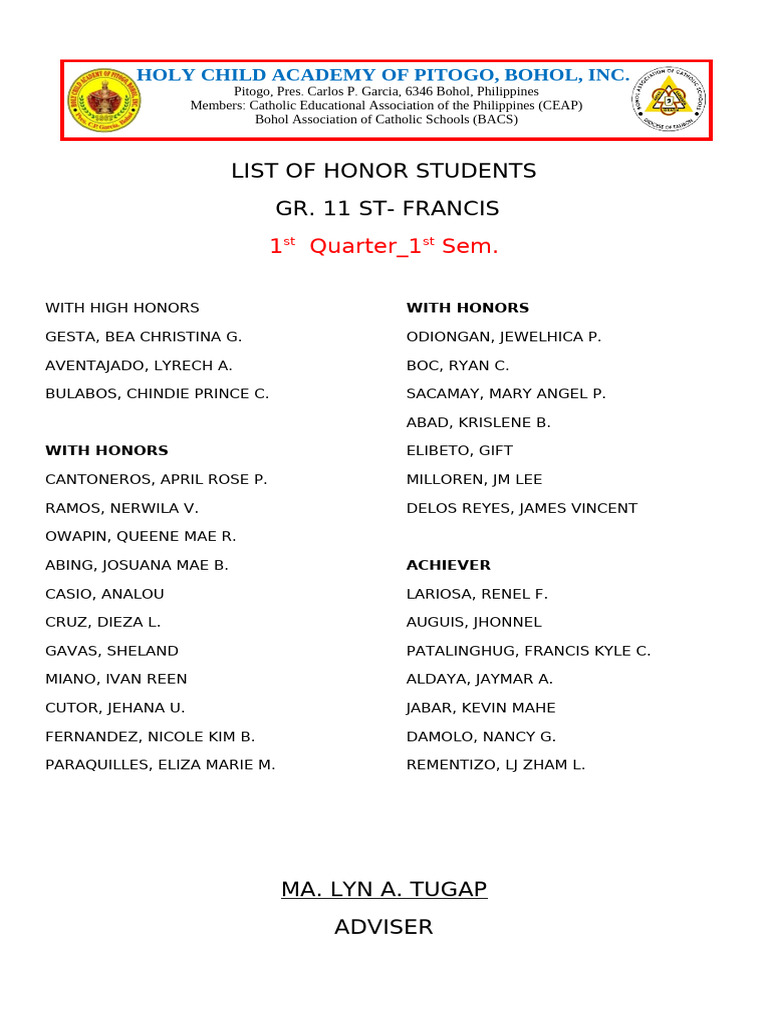 LIST OF HONORS (1st and 2nd Quarter-2023-2024) | PDF