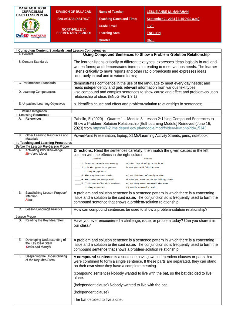 Matatag-Daily-Lesson-Plan-English-Grade 5-Week6 | PDF