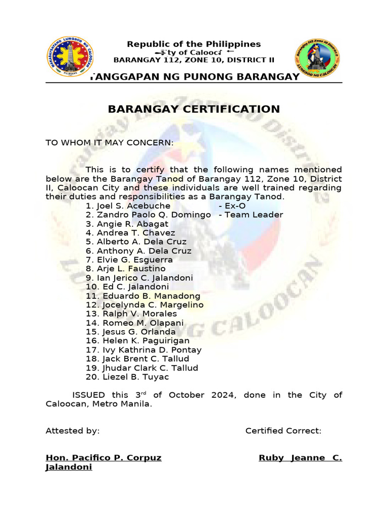 Barangay Certification Tanod | PDF