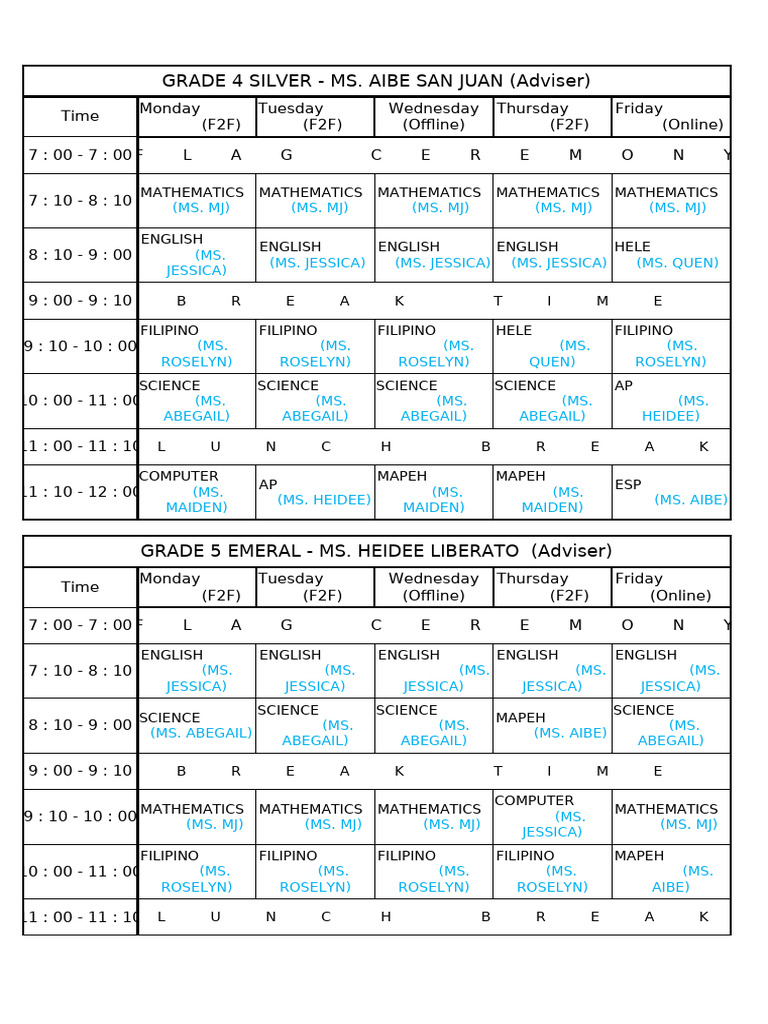 Teachers Schedule 2024 2025 A | PDF