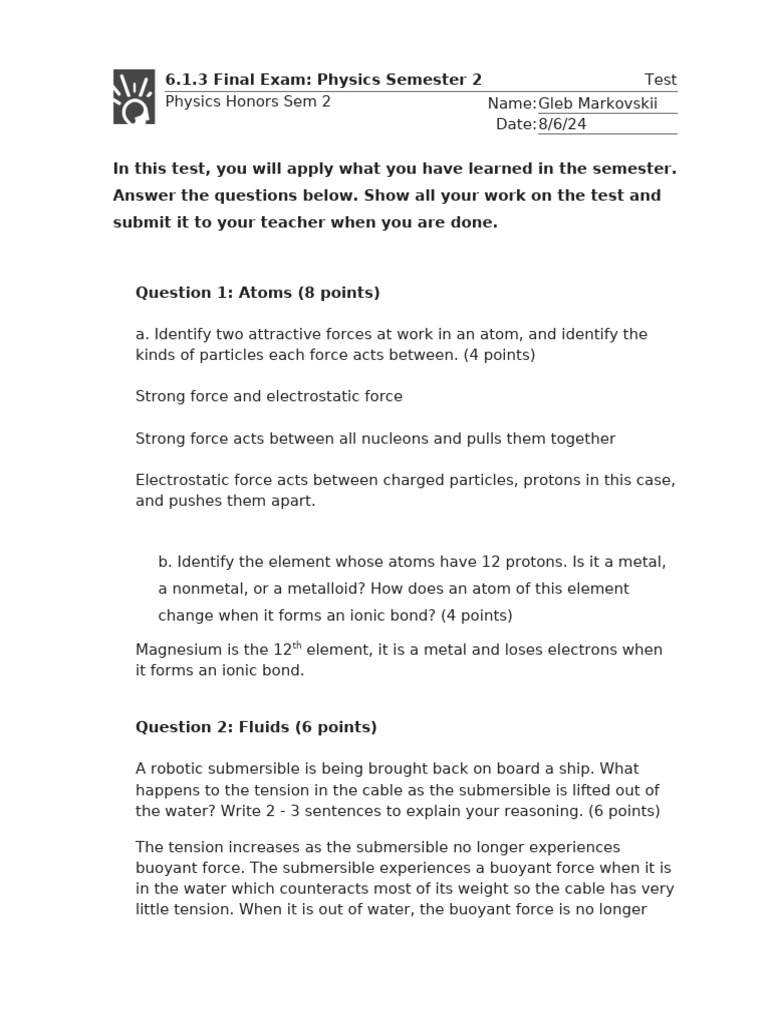 6.1.3 (DONE) Final Exam - Physics Semester 2 (Test) | PDF