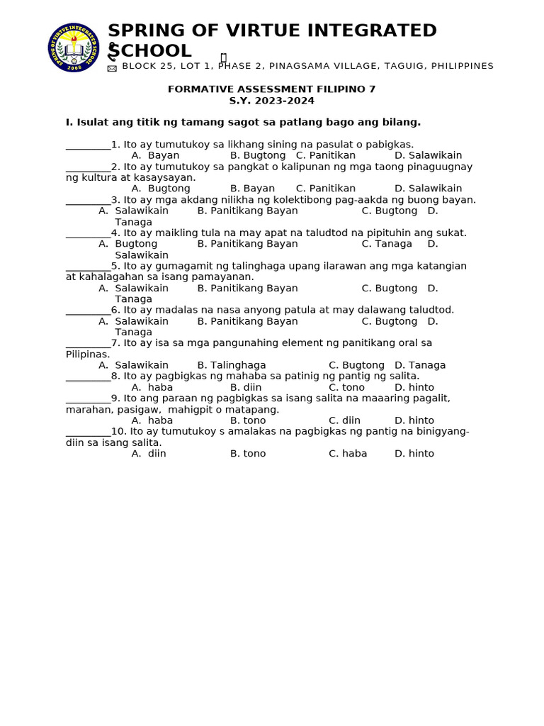Assessment Filipino Consolidated | PDF | Philippines | Social Science