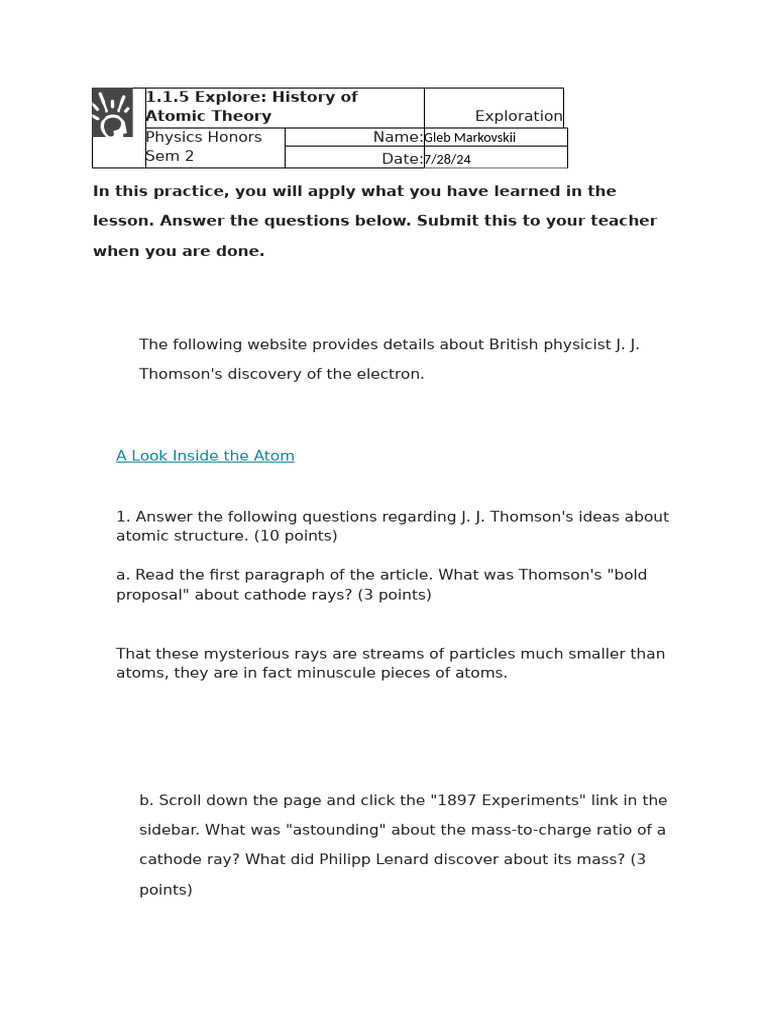 1.1.5 (DONE) Explore - History of Atomic Theory (Exploration) | PDF