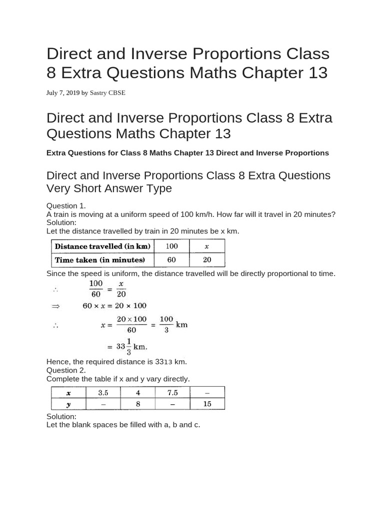 Direct and Inverse Proportions Class 8 Extra Questions Maths Chapter 13 ...