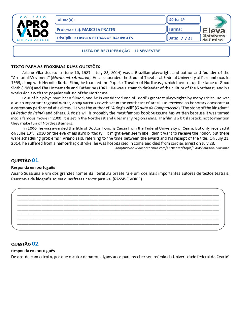 Ro23 Lista de Recuperação Inglês 1 Série 1º Sem | PDF