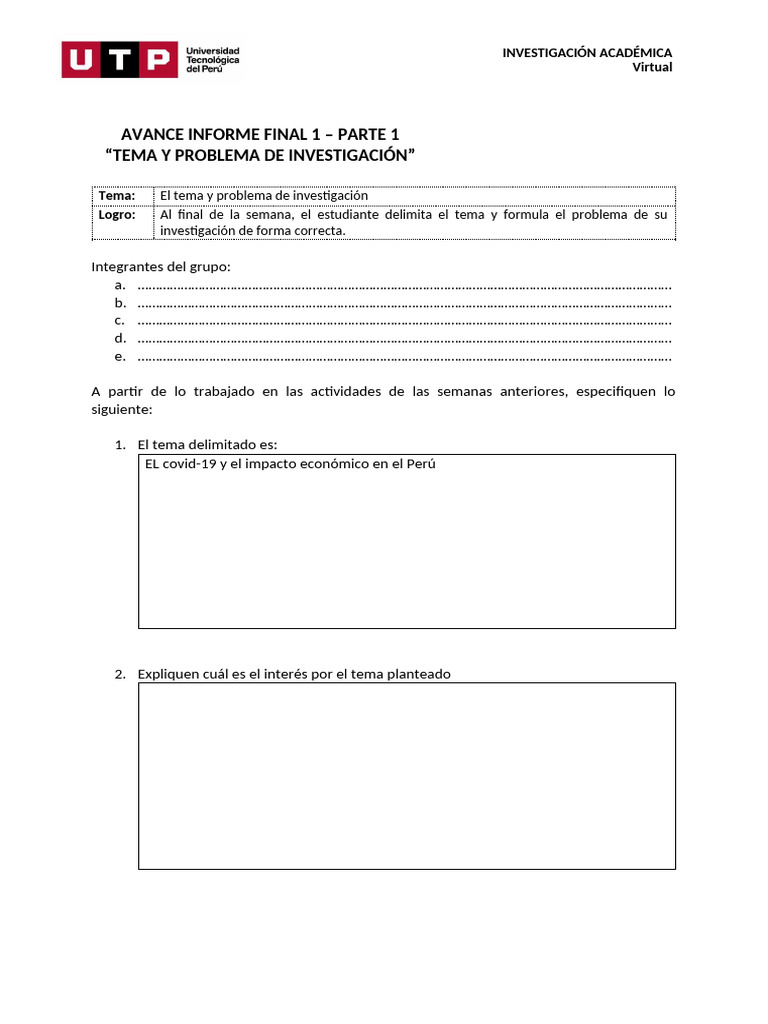 Semana 03-Formato - Avance de Informe Final 1 - Parte 1 - Tema y Problema de Investigación | PDF