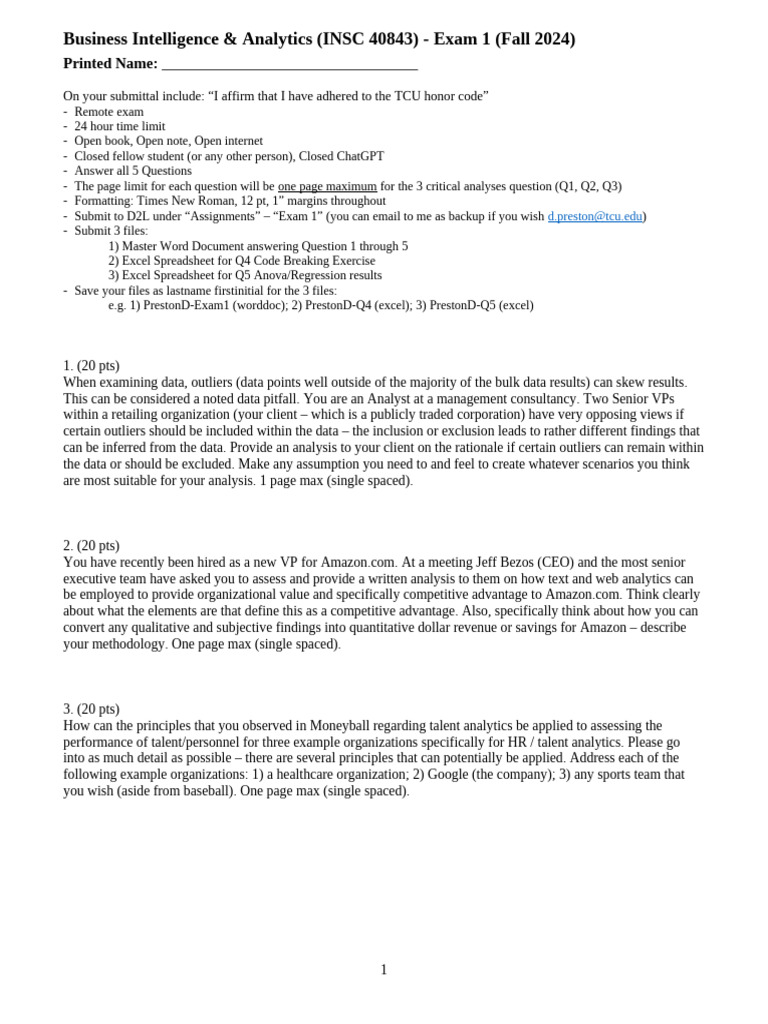 BI Exam 1 Fall2024 | PDF