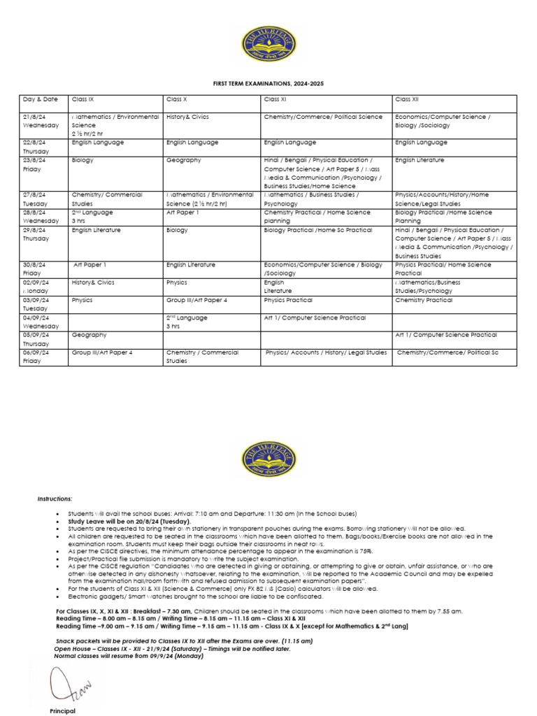 FIRST TERM TIME TABLE 2024 - 2025 | PDF