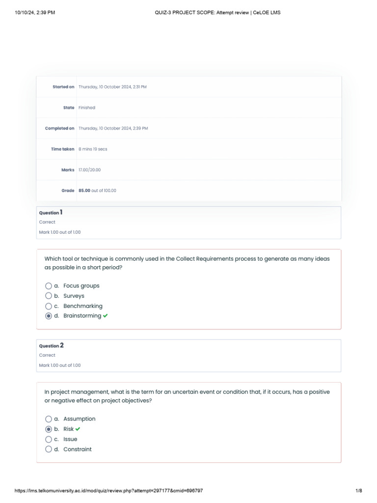 Quiz-3 Project Scope - Attempt Review - Celoe Lms | PDF
