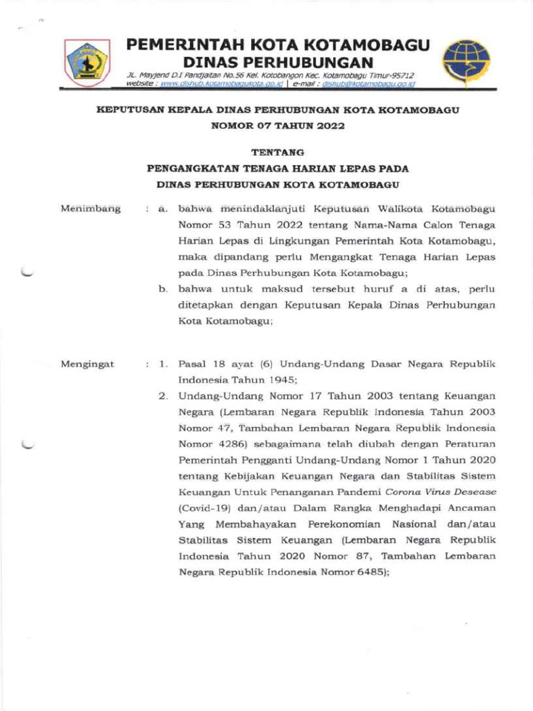 SK NO 07 Tentang Pengangkatan THL Tahun 2022 | PDF