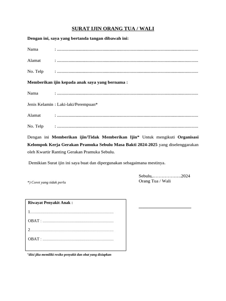 Format Surat Ijin Orang Tua Pokja 2024 | PDF