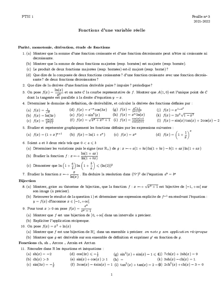 Feuille 3 Fonction D Une Variable Reelle | PDF