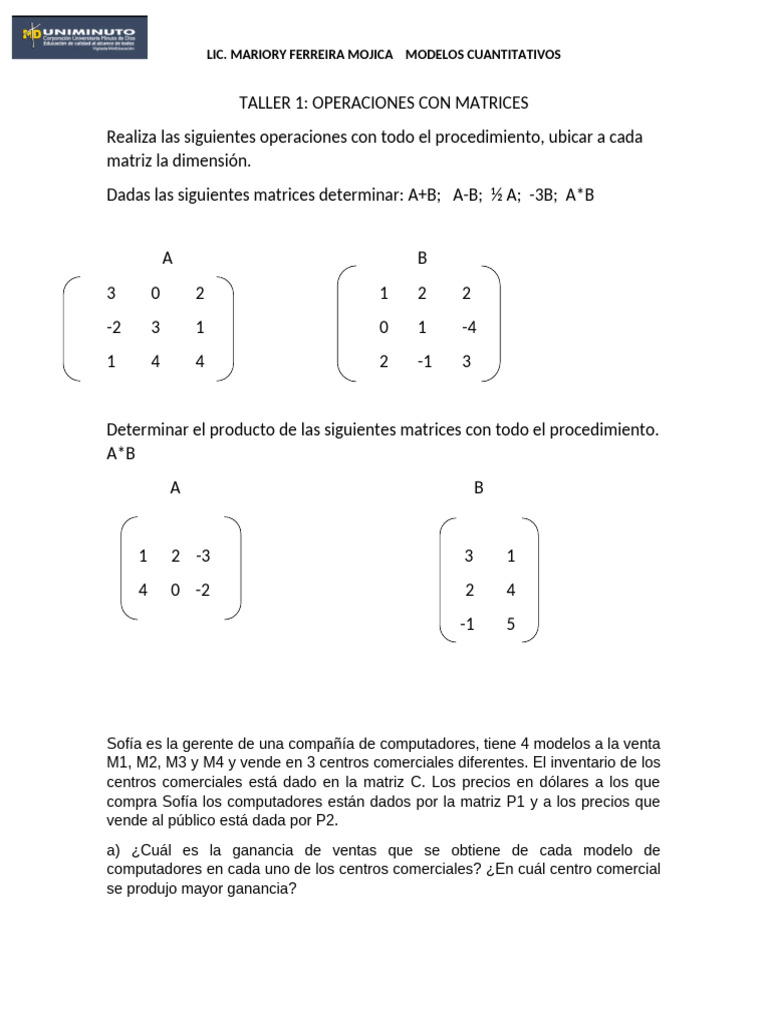 TALLER OPERACIONES CON MATRICES Y PROBLEMAS Solo | PDF