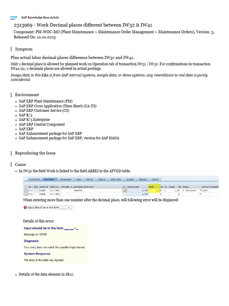 Work Decimal Places Different Between IW32 & IW41 | PDF