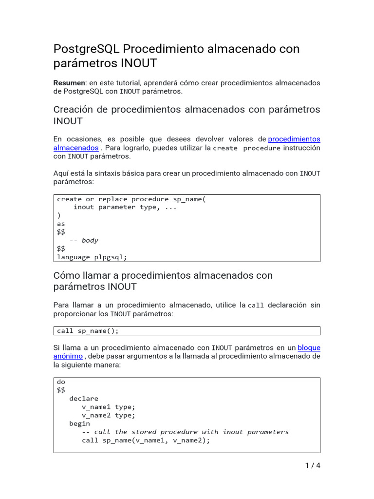 Apunte-PostgreSQL Stored Procedure With INOUT Parameters | PDF