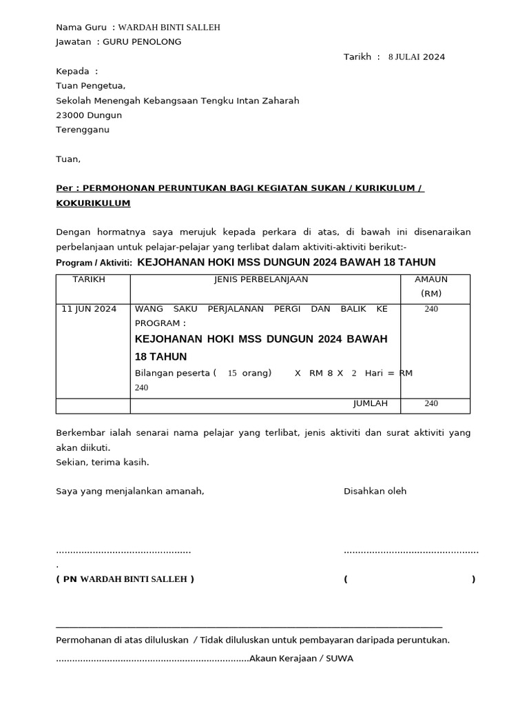 Surat Mohon Wang Saku Hoki MSSD | PDF