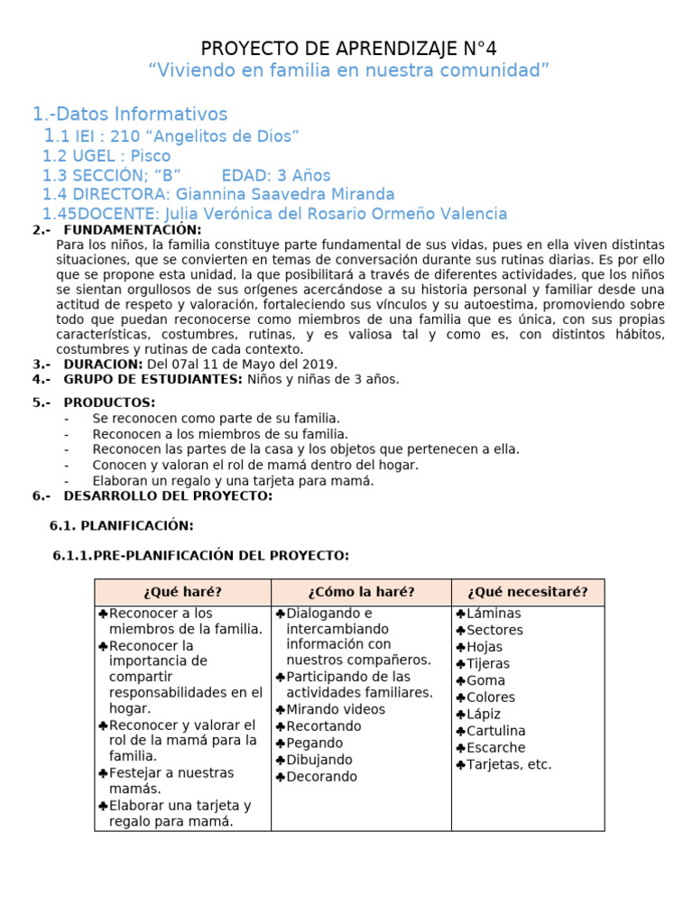 PROYECTO DE APRENDIZAJE N°4 Viviendo en Familia en Nuestra Comunidad | PDF | Las emociones ...