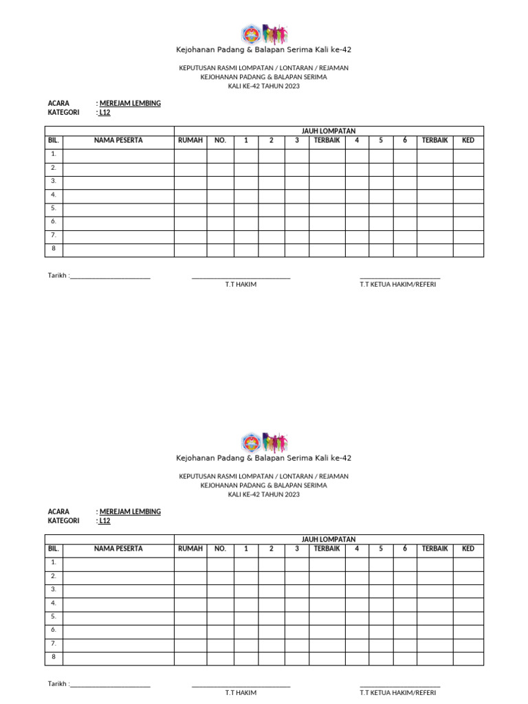 Borang Merejam Lembing Acara Akhir Sebelum Sukan | PDF
