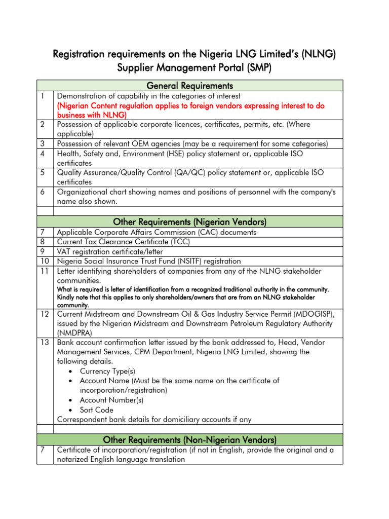 NLNG Vendor Registration Requirements Updated | PDF
