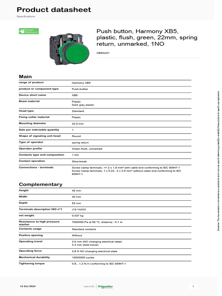 Schneider Electric Harmony-XB5 XB5AA31 | PDF