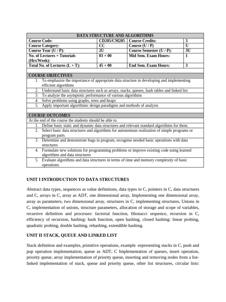 Data Structure and Algorithms Syllabus Theory and Lab | PDF